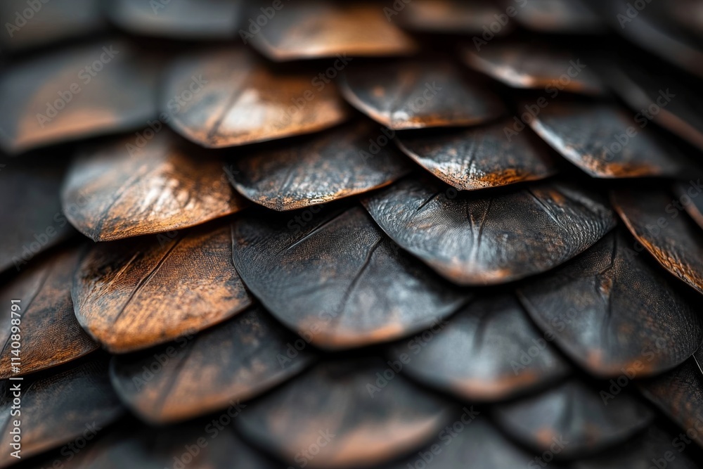 Shiny, overlapping scales in varying shades of bronze and black create ...