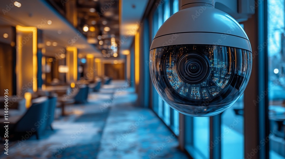CCTV camera monitoring interior of a luxury hotel lobby during evening ...