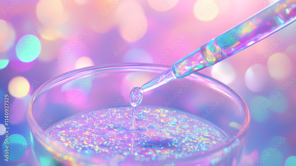 Pipette dispensing liquid into a petri dish with a colorful holographic backdrop featuring ...