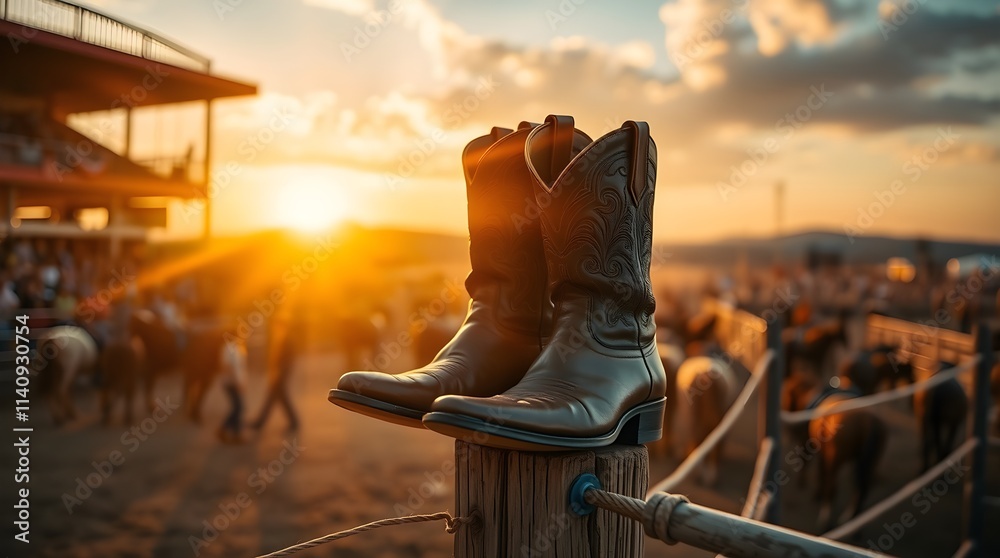 Infrared tones depict worn leather cowboy boots on a fence post ...