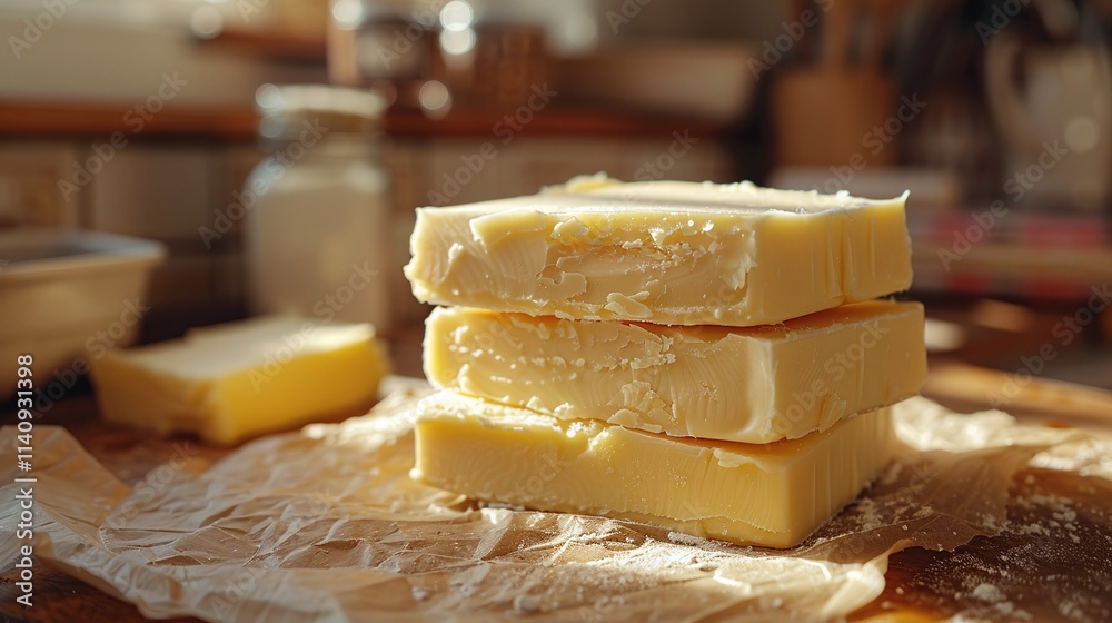 Blocks of butter stacked on rustic wrapping paper, artisanal food ...
