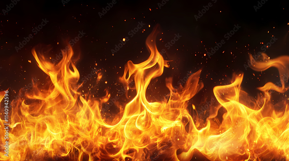 Intense fire ring, flames flickering dynamically, solid black ...