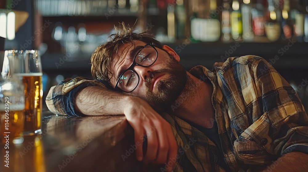Drunk man putting his forehead on his hand on bar counter with beer ...