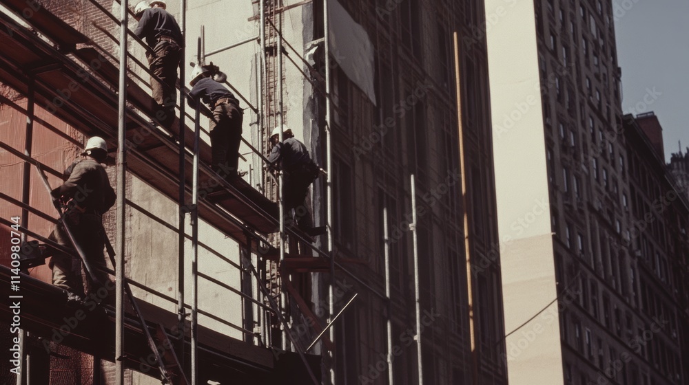 Foto de Stock Vintage construction workers on scaffolding repairing ...