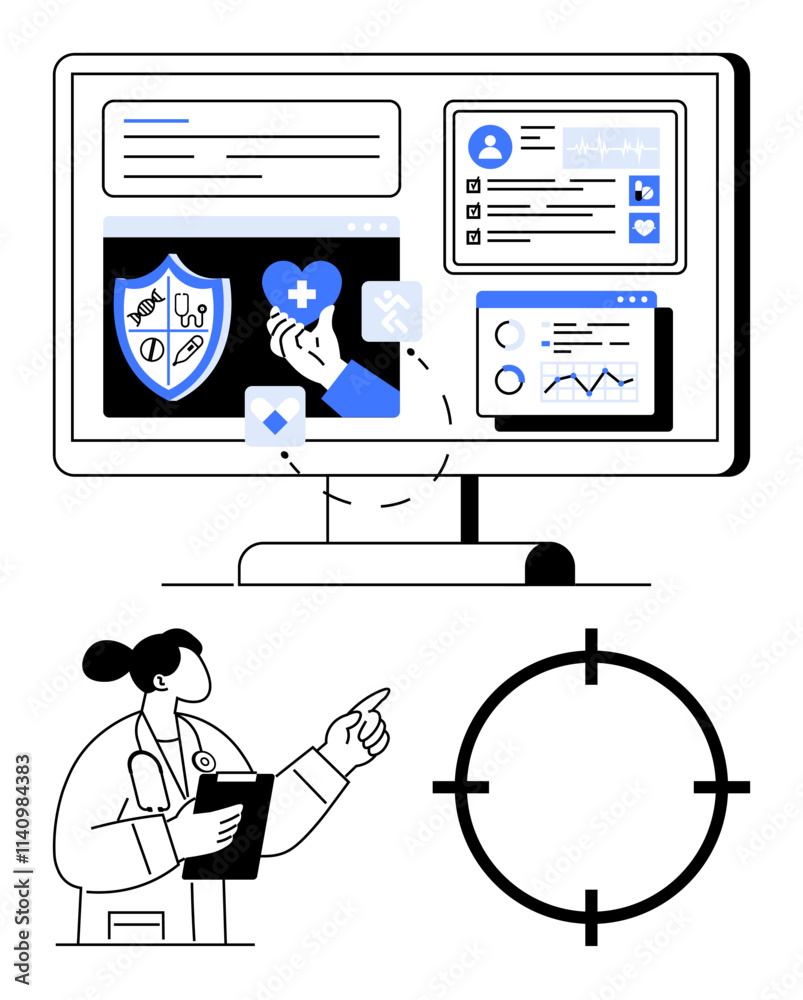 Healthcare professional reviewing patient data on computer monitor ...