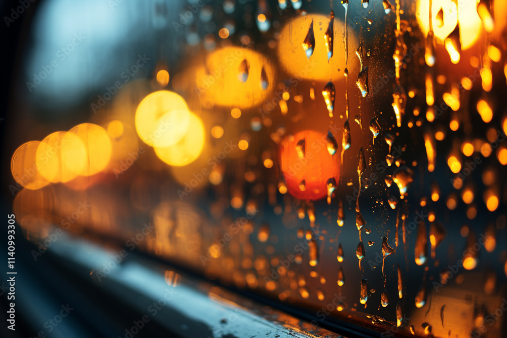 mesmerizing tableau viewed from a rain-streaked window, where beautiful ...