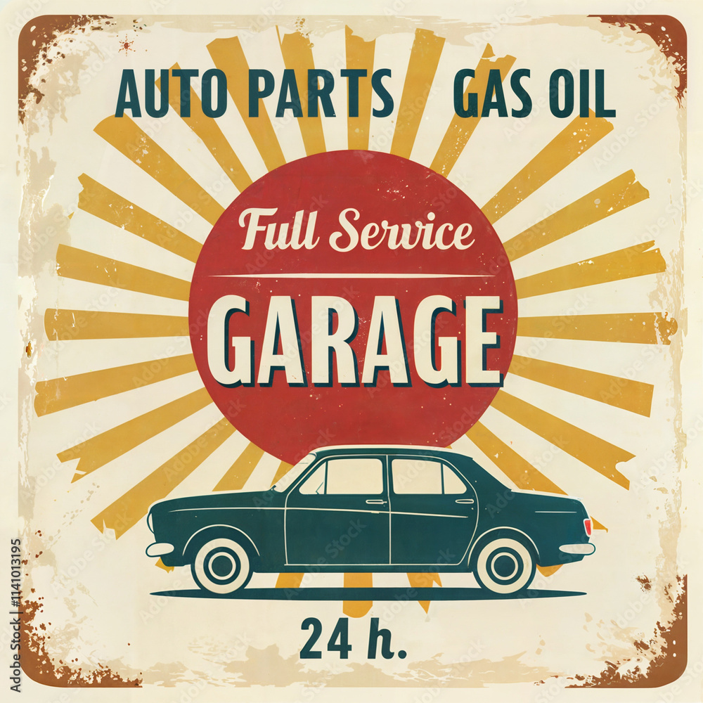 Retro car service sign. Retro poster design template for full service ...