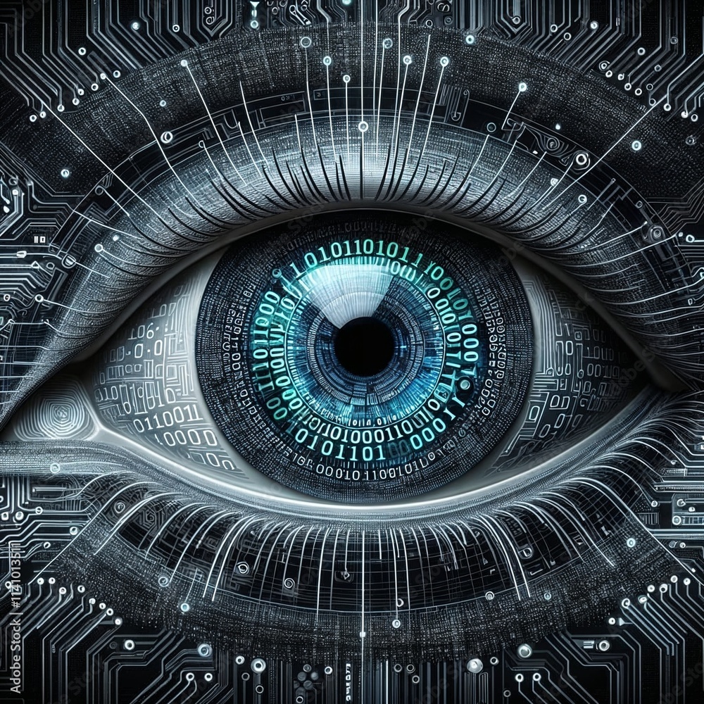 Futuristic concept of an eye merging with electronic circuitry and binary code, symbolizing the ...