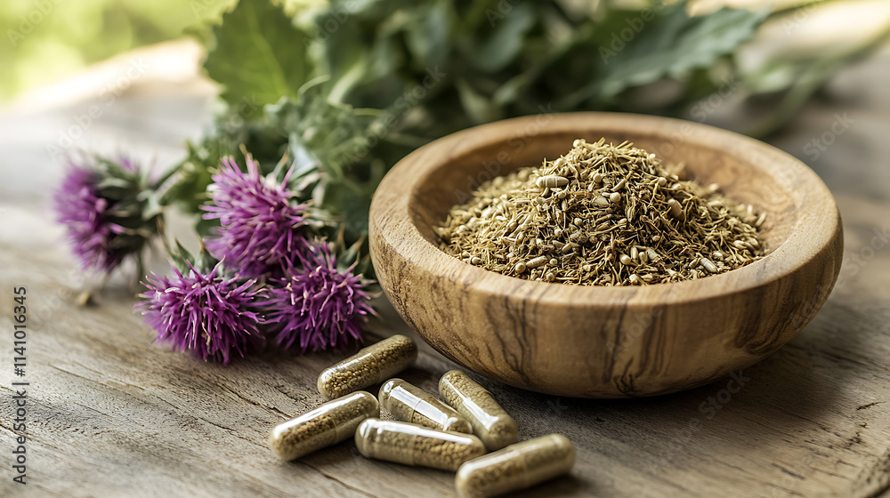 Milk thistle plant lying on a table next to an olive wood bowl ...