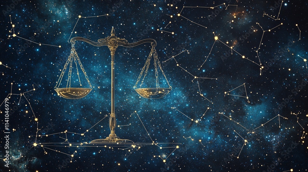 A detailed celestial chart featuring the Libra constellation, with ...