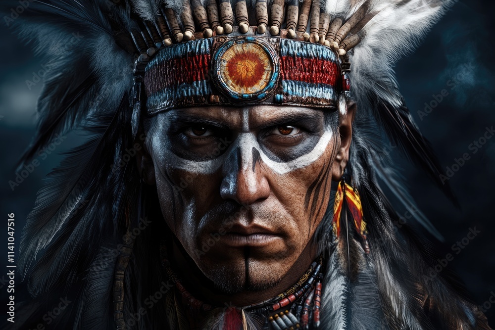 American Indian warrior chief of the tribe. man with feather headdress and tomahawk Stock Photo ...