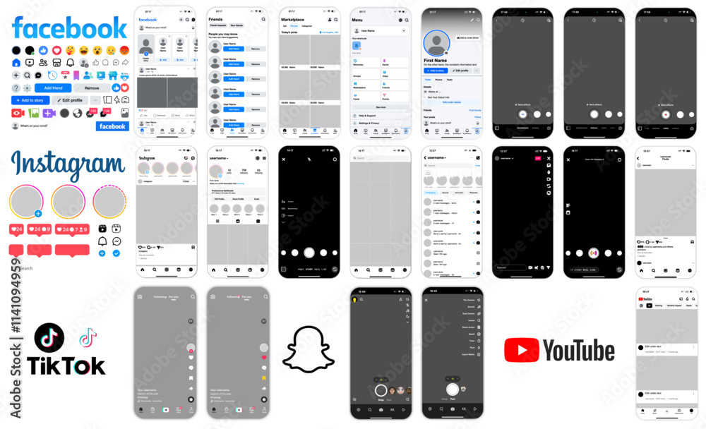Tik Tok, Youtube, Instagram and Facebook, Snapchat mockup. Big Set ...