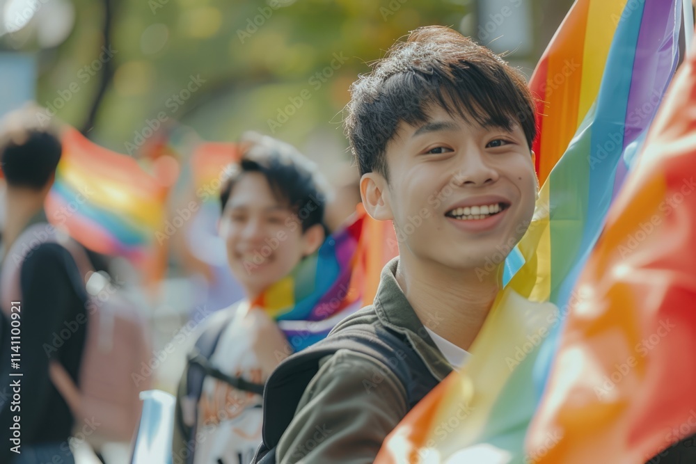 Young diverse people having fun holding LGBT rainbow flag outdoor Focus ...