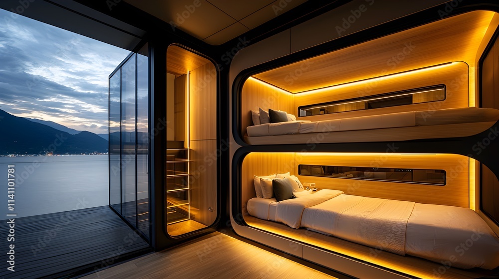Modern capsule hotel bedroom with two floors, loft-style layout, large ...