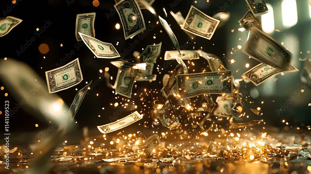 Cash flowing from paycheck creates vibrant scene of dollar bills and ...