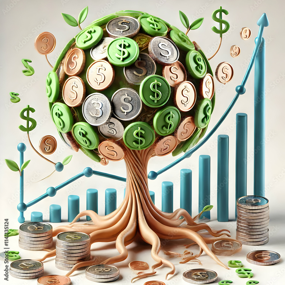 3D Money tree with coin leaves and growth chart roots concept as ...