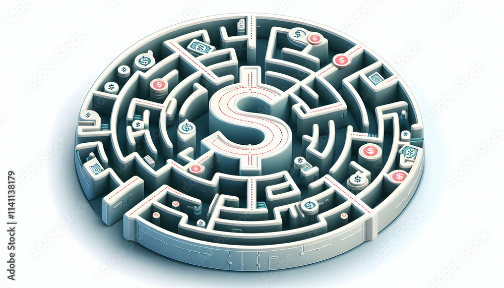 3D Maze with dollar sign center and multiple paths concept as Vector of ...