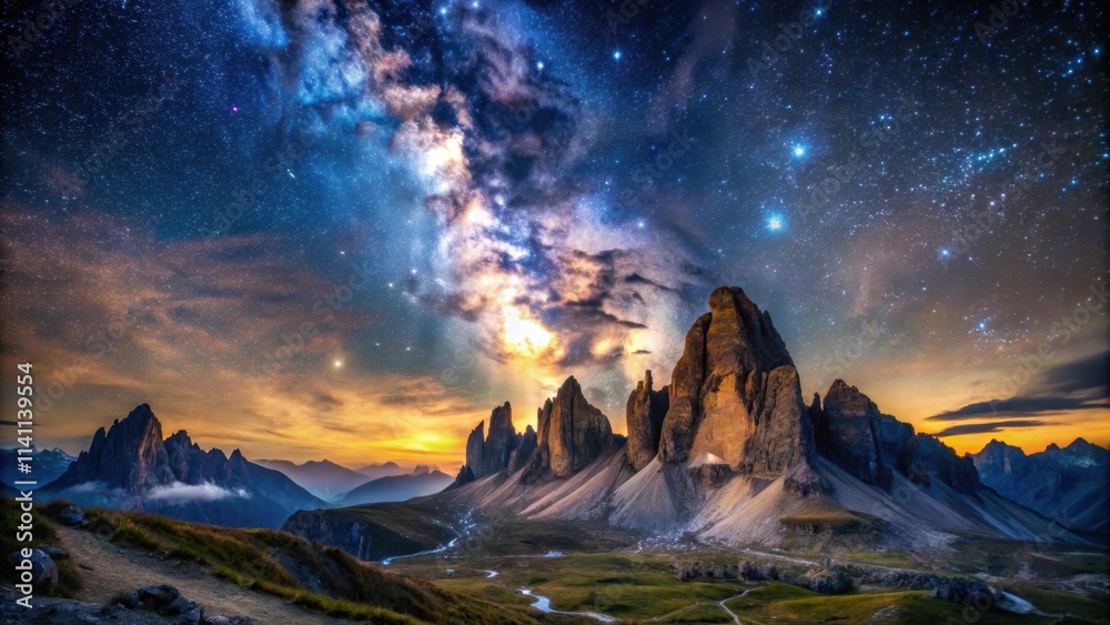 Starry night sky with Milky Way galaxy over the iconic Tre Cime di ...