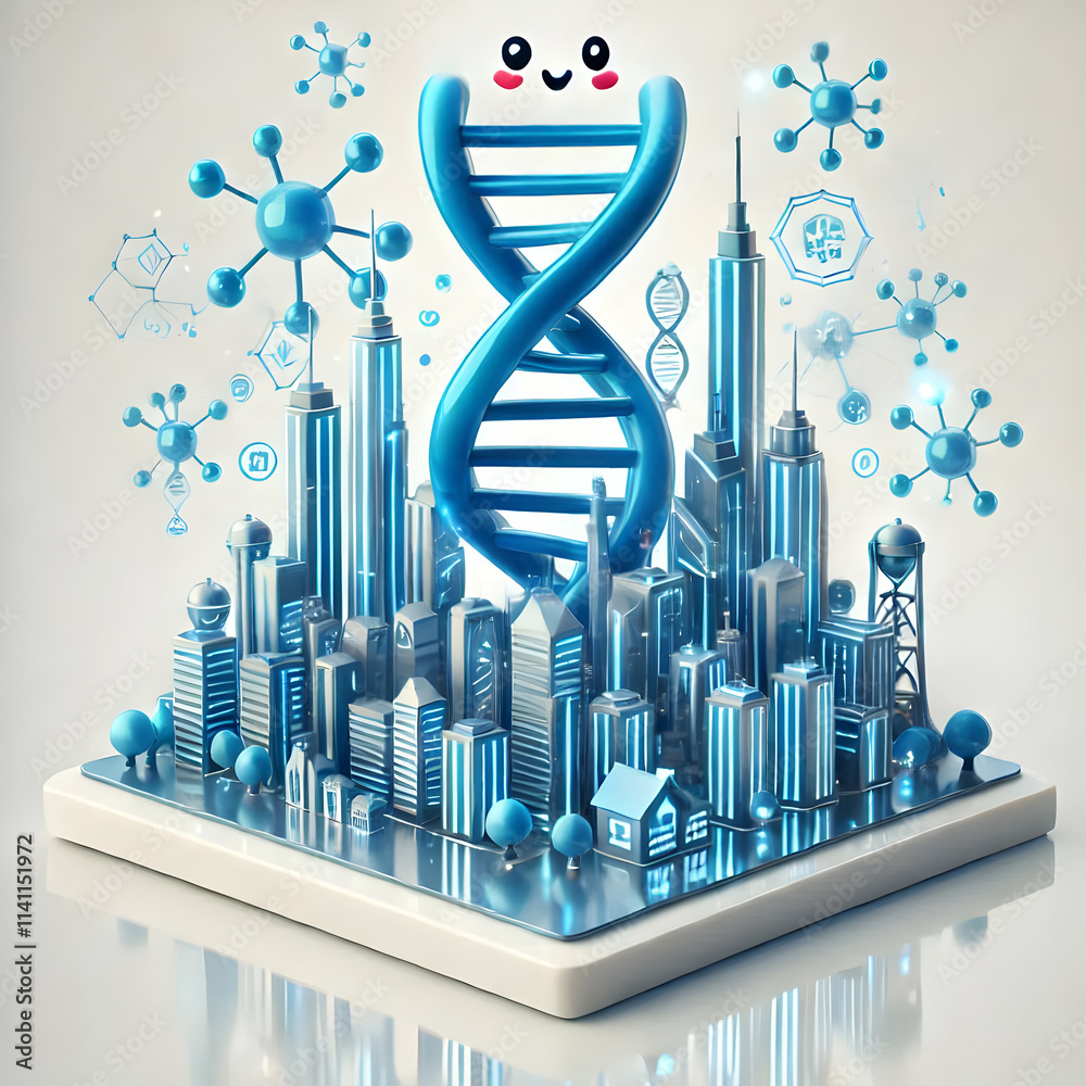 3D City skyline with DNA helix overlay and copy space concept as Glossy ...