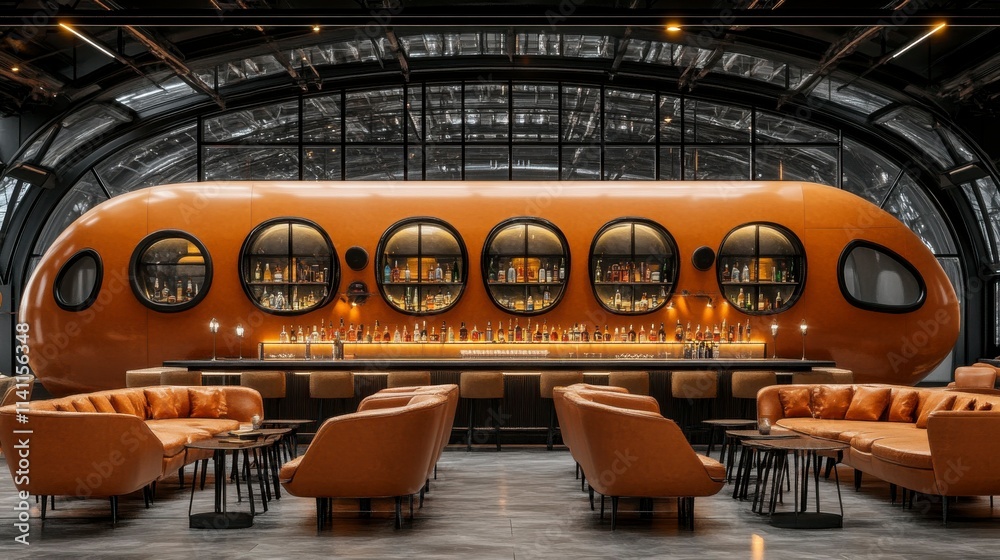 An upscale, empty lounge with contemporary seating, a modern bar setup ...