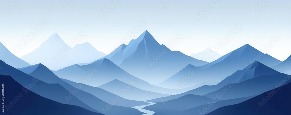 Minimalist mountain peaks with winding trail, triadic color scheme ...