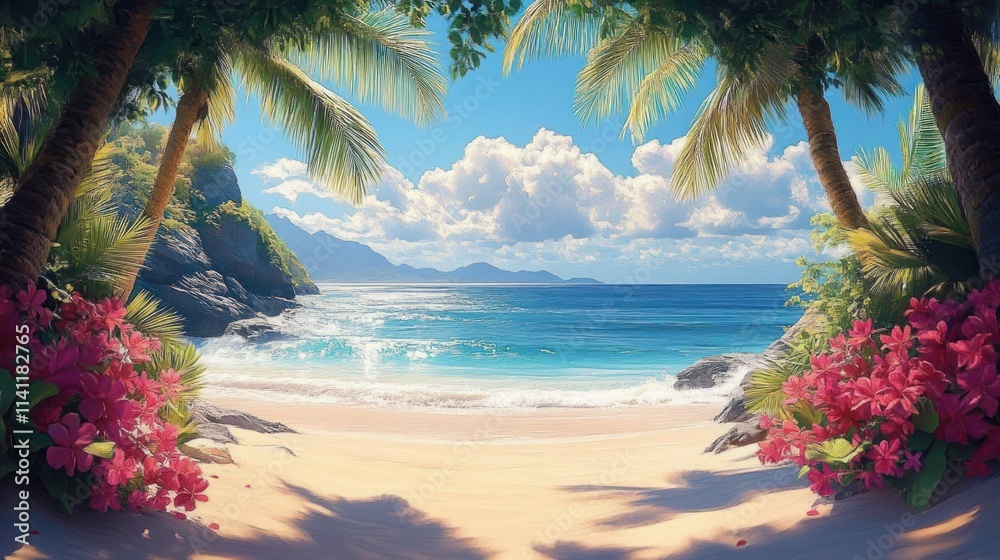 Tropical Beach Scene Summer Vacation Background Relaxing Blue Ocean ...