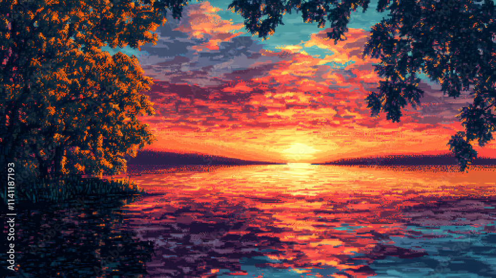 Pixel art sunset a pixelated depiction of a sunset with a warm c. Dawn ...