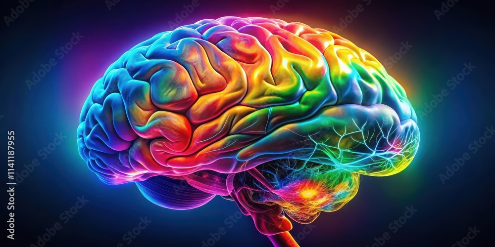 Stylized cross-section of a human brain with vibrant colors and ...