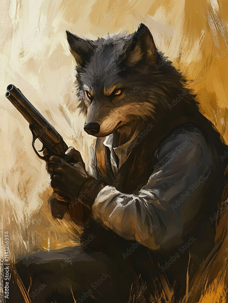 Anthropomorphic wolf holding shotgun dark gritty attire painted ...