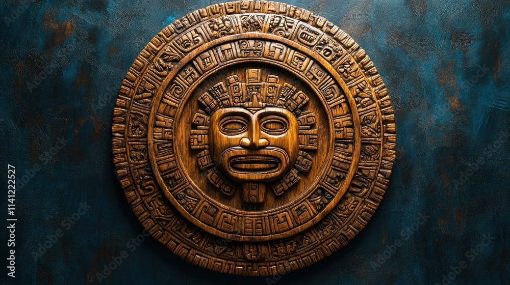 Ornate, carved wooden Aztec sun calendar, circular design, detailed ...