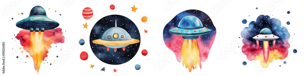 Colorful UFOs in cosmic nebula, exploring universe with wonder ...