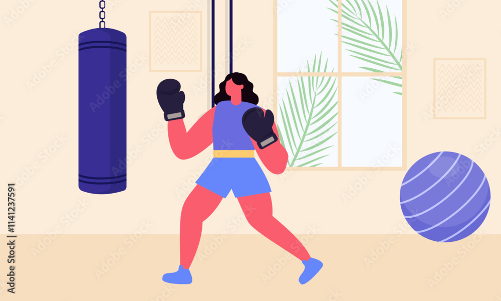 Girl boxer illustration. Woman fights boxing training vector cartoon ...