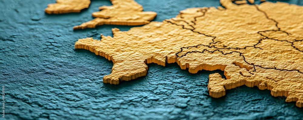 Golden Embossed Map, A Textured Continent Depicts Borders and ...