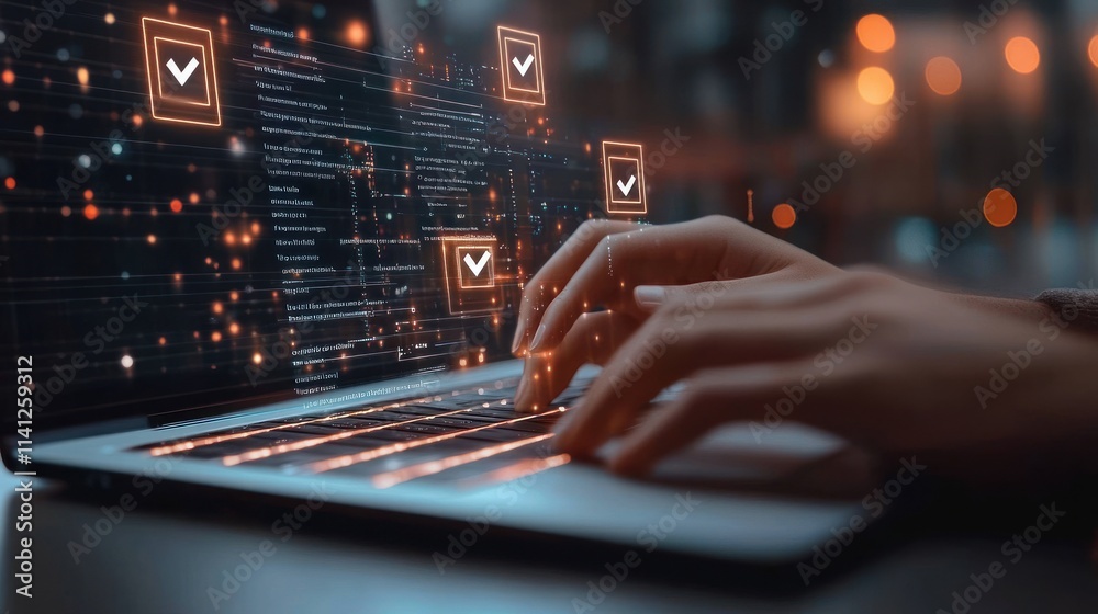 Digital Workspace with Holographic Documents and Checkmarks for ...