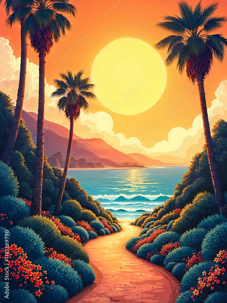 California coast and garden fantasy vintage style travel poster fantasy ...