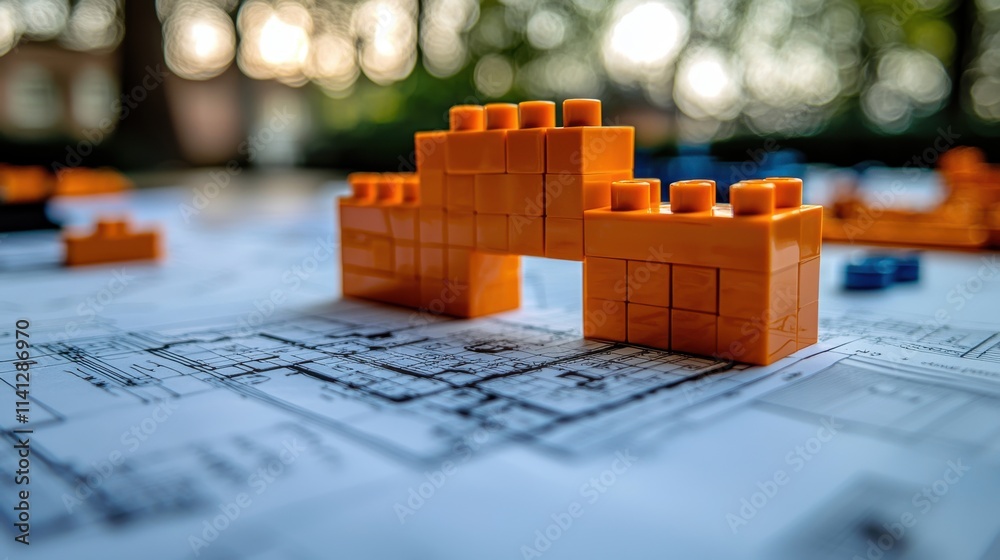 Colorful plastic building blocks placed on architectural blueprint ...