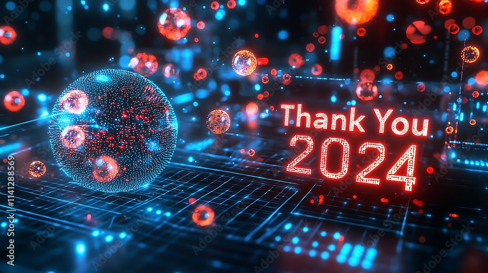 Glowing digital sphere with "Thank You 2024" text on a futuristic tech ...