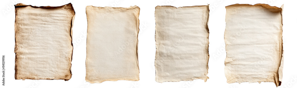 four vintage. blank. aged paper sheets with irregular edges isolated on ...