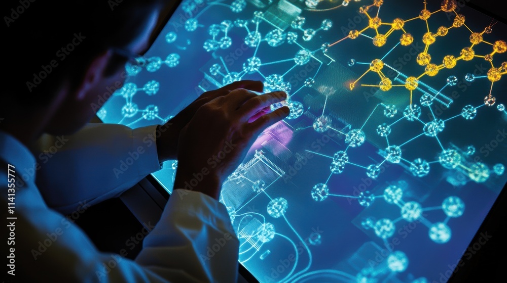An overhead view of a researcher using a touch screen interface to ...