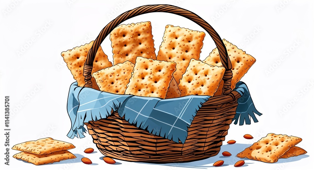 Rice Crackers on basket cartoon illustration on plain white background ...