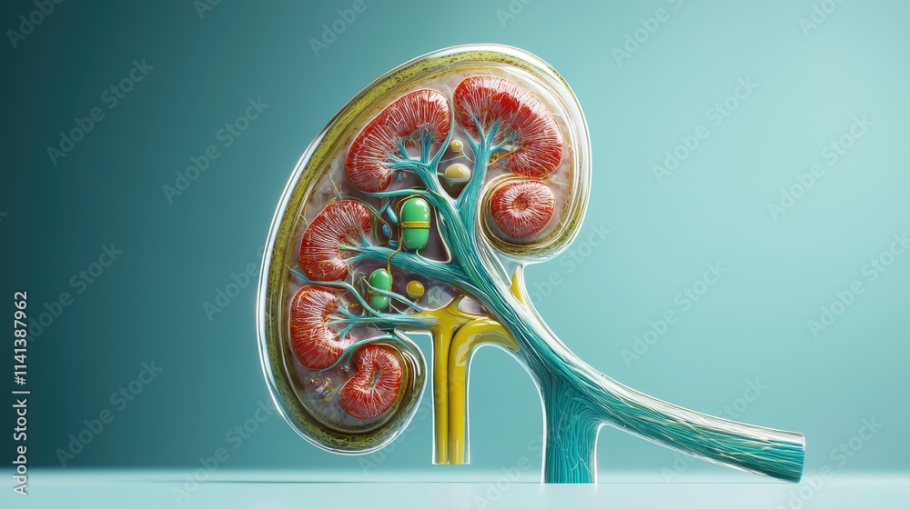 Detailed human kidney showing filtration pathways and nephron structure ...