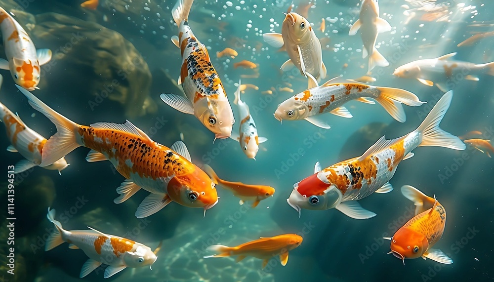 Koi Pond Serenity: Vibrant Koi fish gracefully swim in a crystal-clear ...