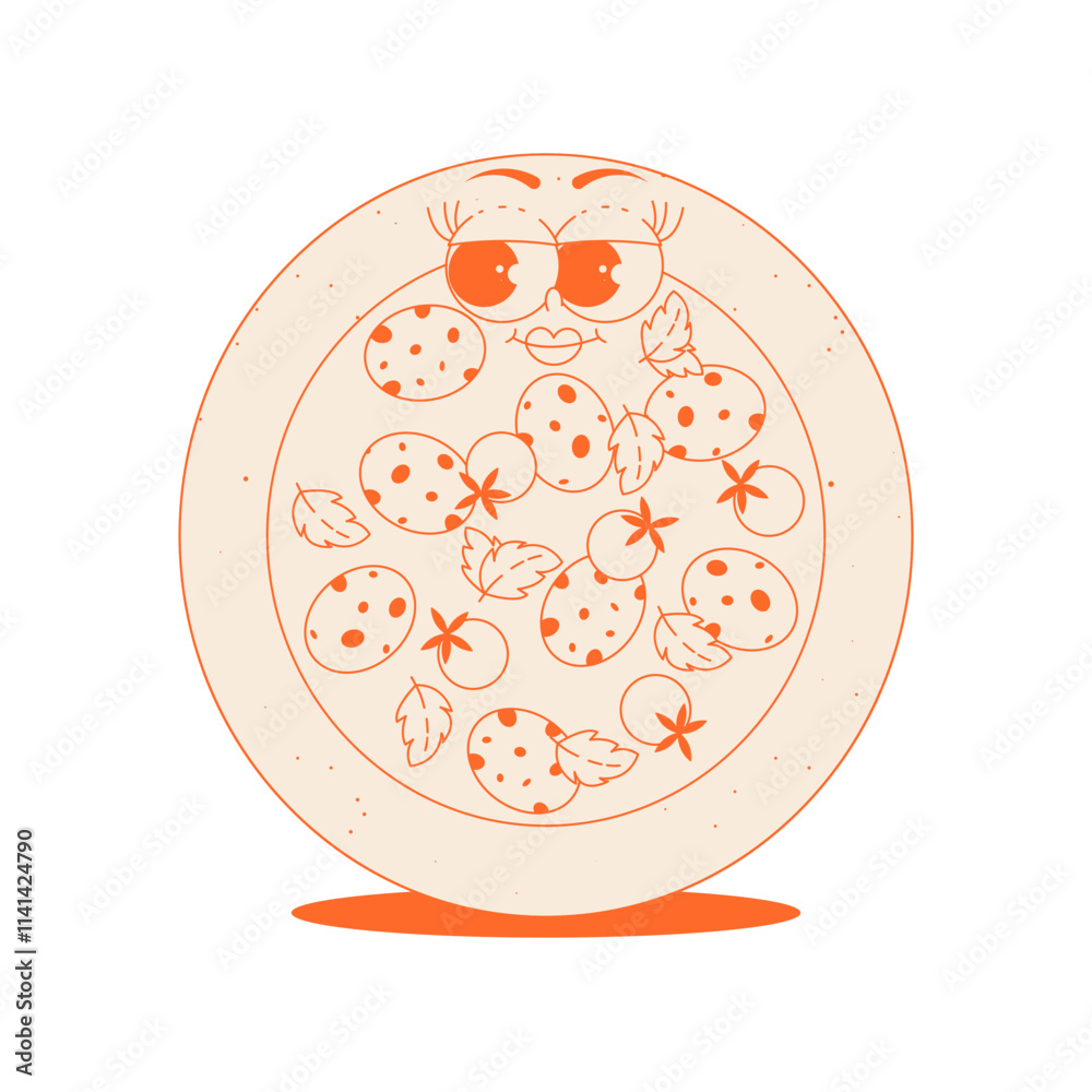 Funky round pizza character with pepperoni, tomatoes, basil in trendy ...