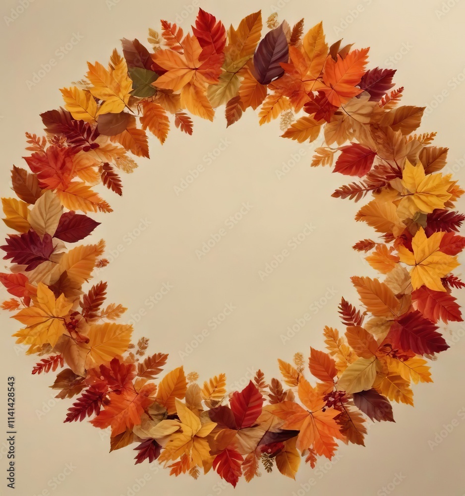 vibrant autumn leaves arranged in a circular pattern on a neutral beige ...