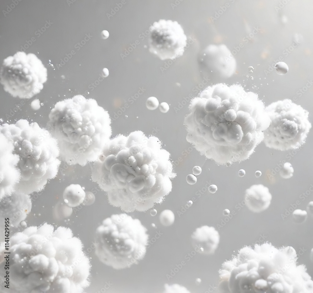 white background with fluffy cotton bubbles floating in air , white ...