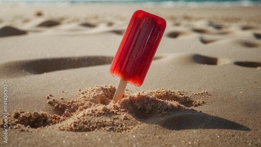 red ice popsicle dropped on beach sand melting in summer heat Stock ...