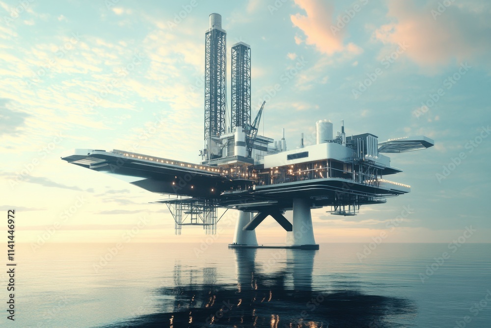 Innovative offshore design of futuristic oil rigs on calm waters aerial ...