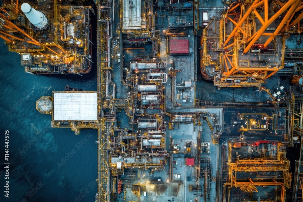 Aerial view of an expansive oil rig complex in the ocean industrial ...