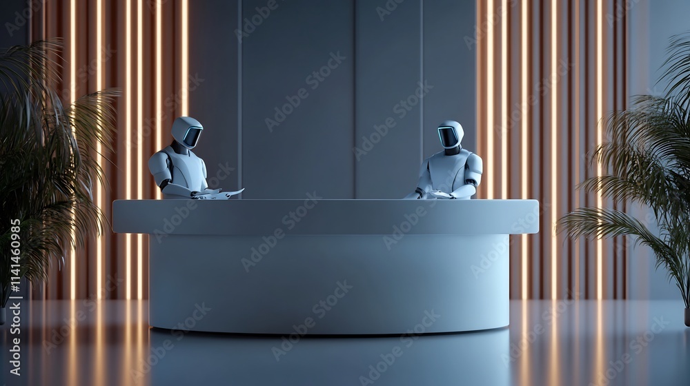Robot Receptionists: A Glimpse into the Future of Service. Two humanoid robots efficiently ...