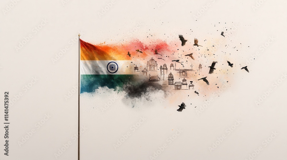 The Indian tricolor flying high on a tall flagpole with a clear sky and ...